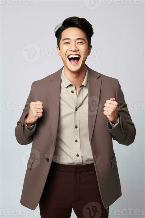 Handsome Asian Man Emotional Dynamic Gestures On Solid Background Ai