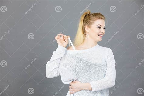 Happy Woman Holding Her Bra Strap Stock Image Image Of Underclothes
