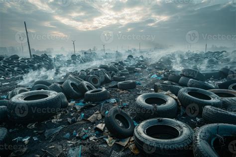 Tóxico Vertedero Lleno De Caucho Ardiente Llantas Depósito De Chatarra Contaminación Residuos