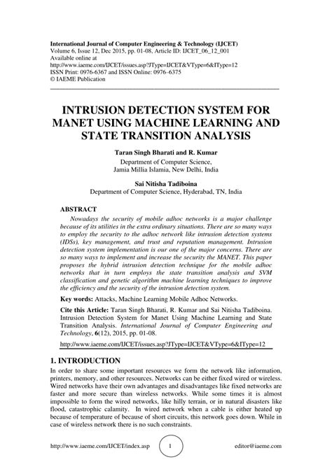 Pdf Intrusion Detection System For Manet Using Machine Learning And State Transition Analysis
