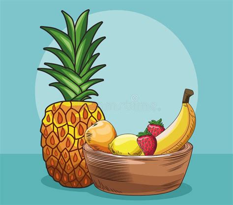 Basket With Fresh Fruits Pineapple Food Healthy Stock Vector