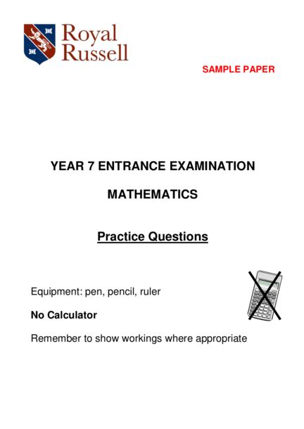 Royal Russell School Sample Year 7 Maths Practice Paper