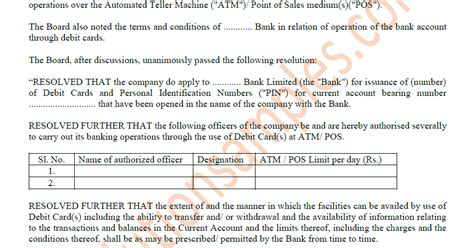 Board Resolution For Debit Card Application Issue Of ATM Card