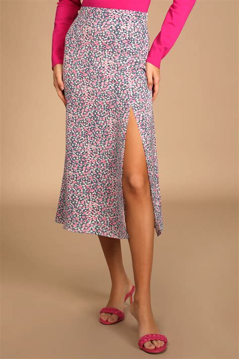 Navy Floral Print Skirt Floral Midi Skirt High Waisted Skirt Lulus