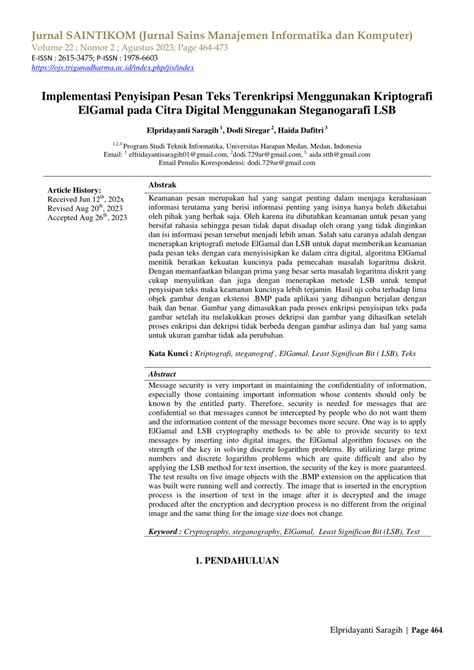 Pdf Implementasi Penyisipan Pesan Teks Terenkripsi Menggunakan Kriptografi Elgamal Pada Citra