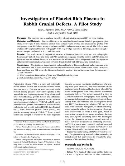 Aghaloo Investigation Of Platelet Rich Plasma In Rabbit Cranial Defects 2002 Pdf Bone