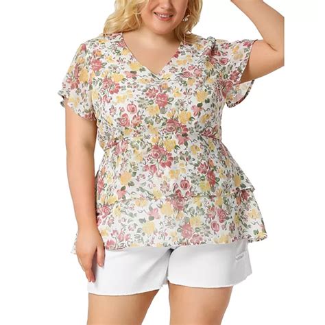 Womens Plus Size Floral Print V Neck Bell Sleeve Tiered Peplum Blouses