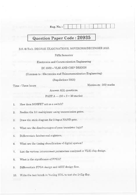 ECE ND 2023 EC 3552 VLSI And CHIP Design Reg No Question Paper Code 20935 DEGREE Studocu