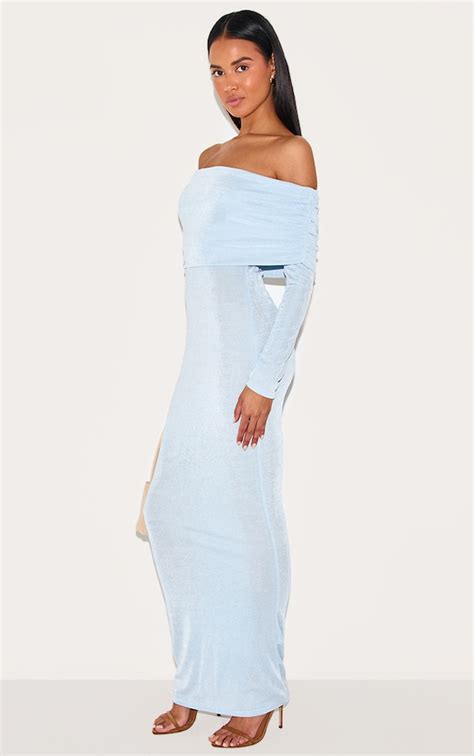 Light Blue Acetate Bardot Long Sleeve Maxi Dress Dresses