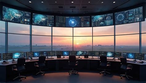 Air Traffic Control Room With Multiple Monitors Displaying Flight Data