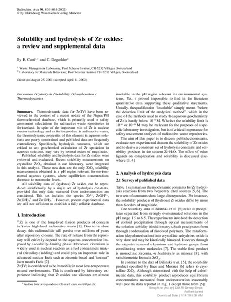 Pdf Solubility And Hydrolysis Of Zr Oxides A Review And Supplemental