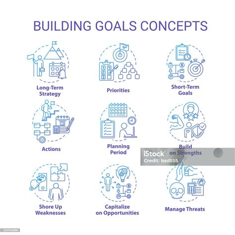목표 개념 아이콘 을 빌드합니다 목표를 달성할 수 있도록 설정합니다 Swot 전략 자체 개발 아이디어 얇은 라인 Rgb 컬러 일러스트 벡터 절연 윤곽선 도면 편집 가능한