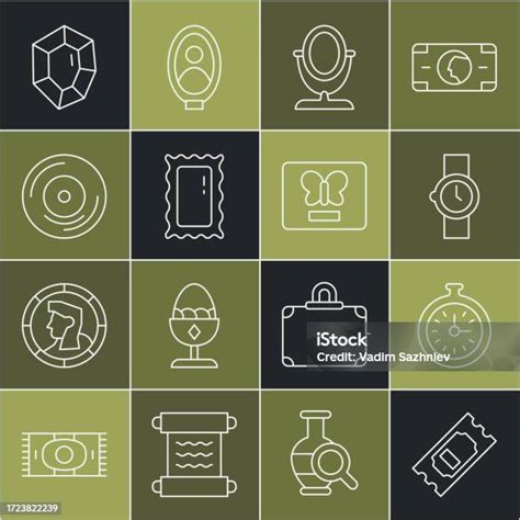 세트 라인 시네마 티켓 포켓 시계 손목 라운드 메이크업 거울 큰 전체 길이 비닐 디스크 보석 돌 및 나비 프레임 아이콘 벡터 고대의에 대한 스톡 벡터 아트 및 기타 이미지