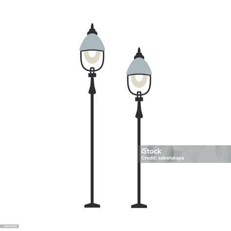 흰색 배경에 고립 된 평면 디자인의 다양한 높이의 가로등 하나의 램프 세트와 거리 등불 가로등에 대한 스톡 벡터 아트 및 기타