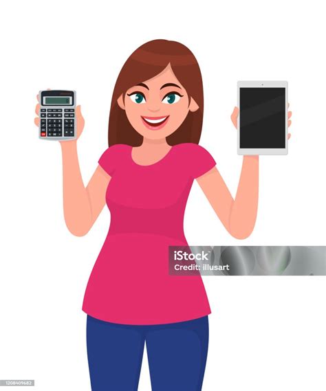 계산기를 들고 태블릿 컴퓨터를 보여주는 젊은 여성 디지털 Pc 탭 또는 패드를 제시 하는 트렌디 한 여자 여성 캐릭터 디자인 일러스트 벡터 만화의 현대 기술 라이프 스타일
