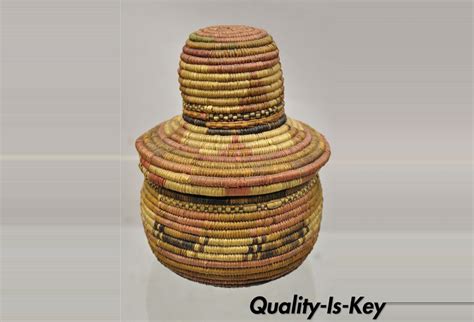 Vintage Nigerian African Tribal Hausa Woven Orange Basket With Dome Lid