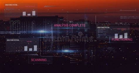 Scanning And Analysis Complete Text Animation Over Cityscape At Sunset