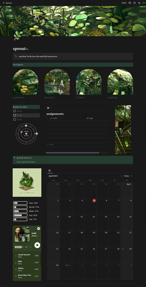 A Notion Dashboard With A Green Plant Theme Which Includes A Directory Or Navigation Hub Daily