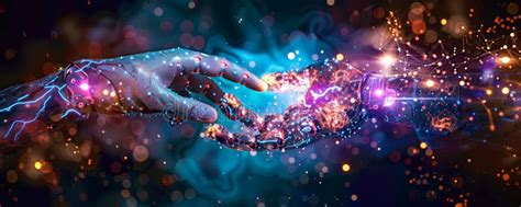 Hands Of Robot And Human Touching Artificial Intelligence Mind With