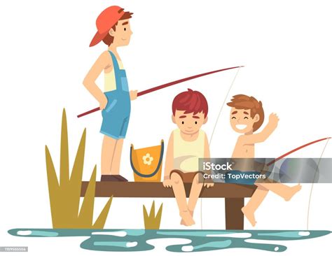 快樂男孩釣魚從碼頭到海或河岸 漁民卡通人物與釣魚竿向量插圖向量圖形及更多人圖片 人 兒童 夏天 Istock