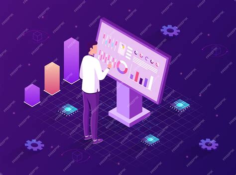 Premium Vector Isometric Digital Monitor A Man Stands In Front Of A