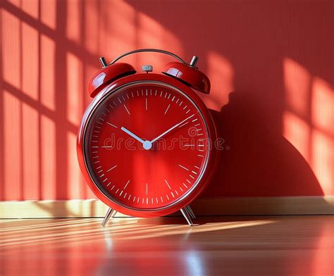 vibrant red alarm clock stands against bright wall casting shadows on