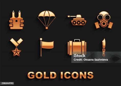 세트 깃발 방독면 군용 칼 탄약 상자 보상 메달 탱크 총알로부터 보호하기 위한 방탄 조끼 및 낙하산 아이콘 벡터 검은색에 대한 스톡 벡터 아트 및 기타 이미지 Istock