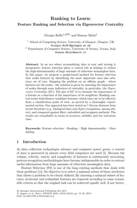 Pdf Ranking To Learn Feature Ranking And Selection Via Eigenvector