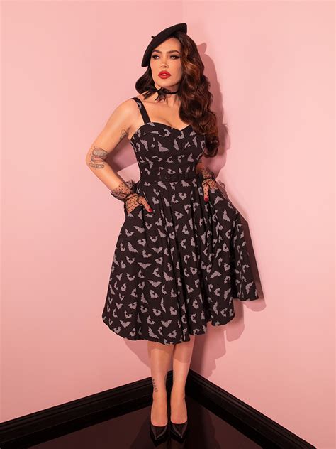 Maneater Swing Dress In Glow In The Dark Bat Print In Black Retro