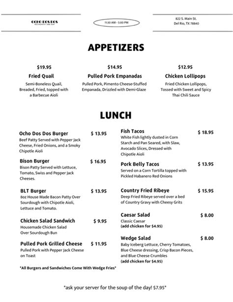 Ocho Dos Dos Menu — Ocho Dos Dos