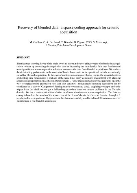 Pdf Recovery Of Blended Data A Sparse Coding Approach For Seismic