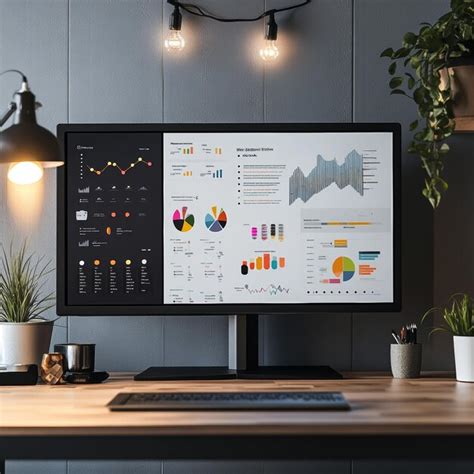 Modern Workspace With Data Analysis And Charts On Computer Monitor