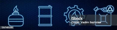 세트 라인 오일 산업 공장 건물 알코올 또는 정신 버너 배럴 오일 에코 연료 캐니스터 및 석유 산업 공장 건물 벽돌 벽에 빛나는 네온 아이콘 벡터 실험실에 대한 스톡 벡터