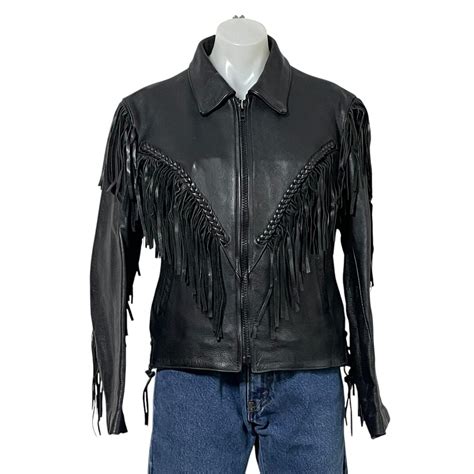 Vintage Moto Black Leather Fringe Jacket Western Cowboy Biker Jacket