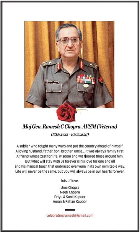 Sad Demise Maj Gen Ramesh C Chopra Avsm Veteram Ad Advert Gallery