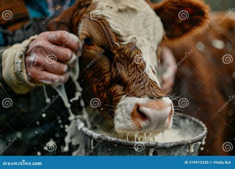 Man Carefully Milks A Cow Collecting Fresh Milk Into A Bucket On A