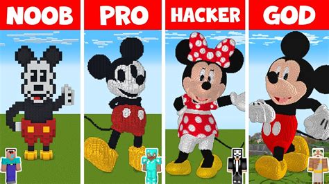 Minecraft Noob Vs Pro Vs Hacker Vs God Mickey Mouse Statue House Build Challenge Youtube