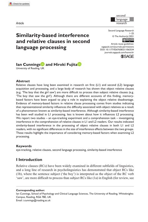Pdf Similarity Based Interference And Relative Clauses In Second Language Processing