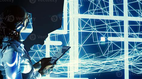 Manager Overseeing Dimly Lit Server Room Running Code On Tablet Troubleshooting And Upgrading