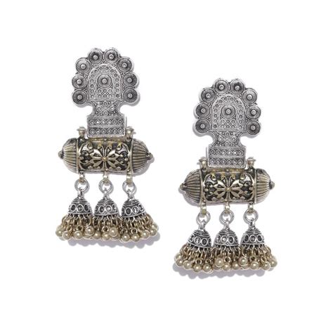 Buy Infuzze Oxidised Silver And Antique Gold Toned Classic Drop Earrings