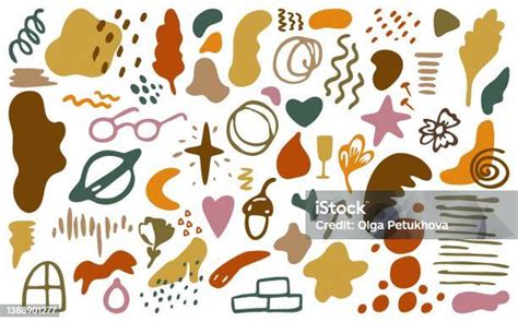 추상 모양은 낙서 스타일로 손으로 그린 설정합니다 반점 얼룩 줄무늬 꽃 방울 안경 행성 신발 별 유리 지그재그 필기 잎 귀여운 캐주얼 스타일로 디자인이나 장식을 위해