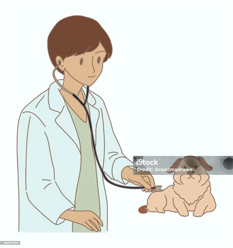 병원에서 청진기로 개의 건강을 진찰체크하는 친절한 수의사 손으로 그린 평면 만화 캐릭터 벡터 일러스트 간호사에 대한 스톡 벡터