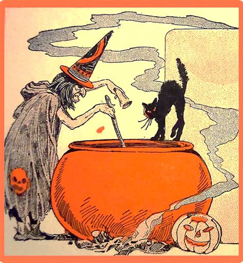 Vintage Halloween Postcard Witch And Cauldron