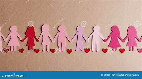 Paper Cutout Figures Of Men And Women Holding Hands With Hearts On Brown Background Stock Image