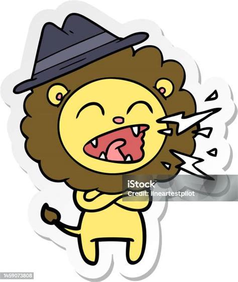 Autocollant Dun Lion Rugissant De Dessin Animé Portant Un Chapeau