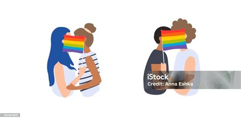 Due Ragazzi E Due Ragazze Si Baciano Per Una Bandiera Lgbt Su Sfondo