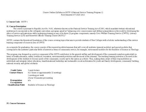 Nstp 1 Nstp Cwts Course Outline Syllabus In Nstp 1national Service