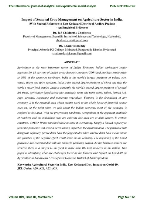 Pdf Impact Of Seasonal Crop Management On Agriculture Sector In India With Special Reference
