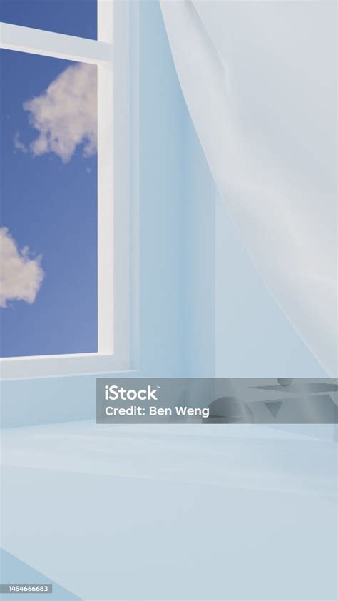 창문과 커튼이 있는 블루 룸 코너 바깥의 푸른 하늘 3d 렌더링 3d 그림입니다 0명에 대한 스톡 사진 및 기타 이미지 0명 3차원 형태 공란 Istock
