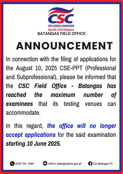 Csc Batangas Announcement In Connection With The Filing Of Applications For The August 10